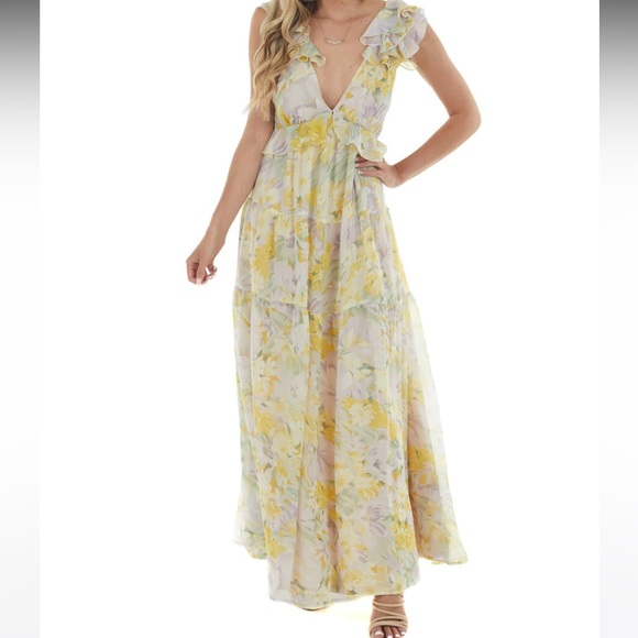 Aakaa | Dresses | Pastel Yellow Floral Open Back Maxi Dress | Poshmark